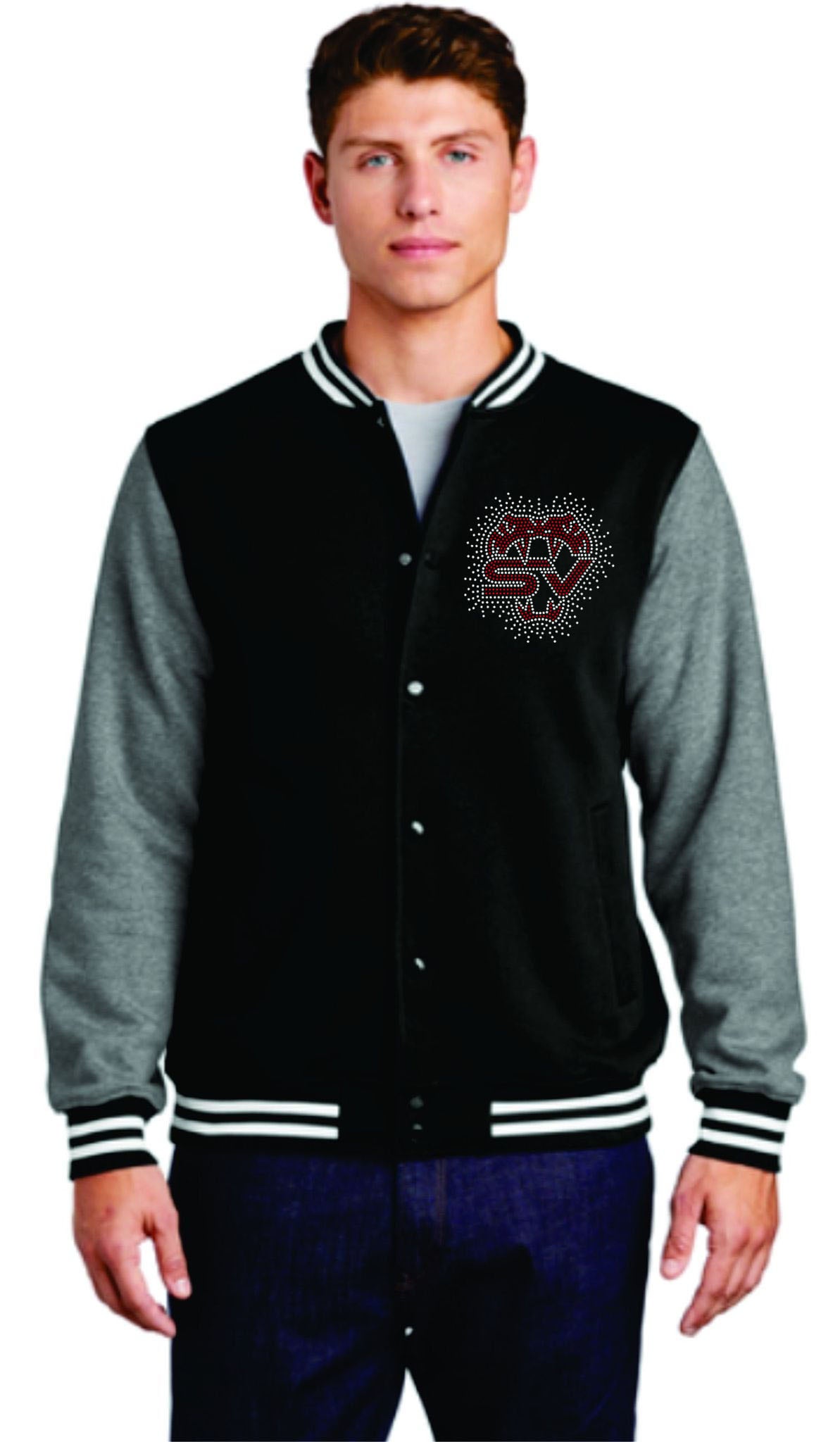 Fleece varsity style jacket with full bling adults sizes | CHRISTY'S CLOSET